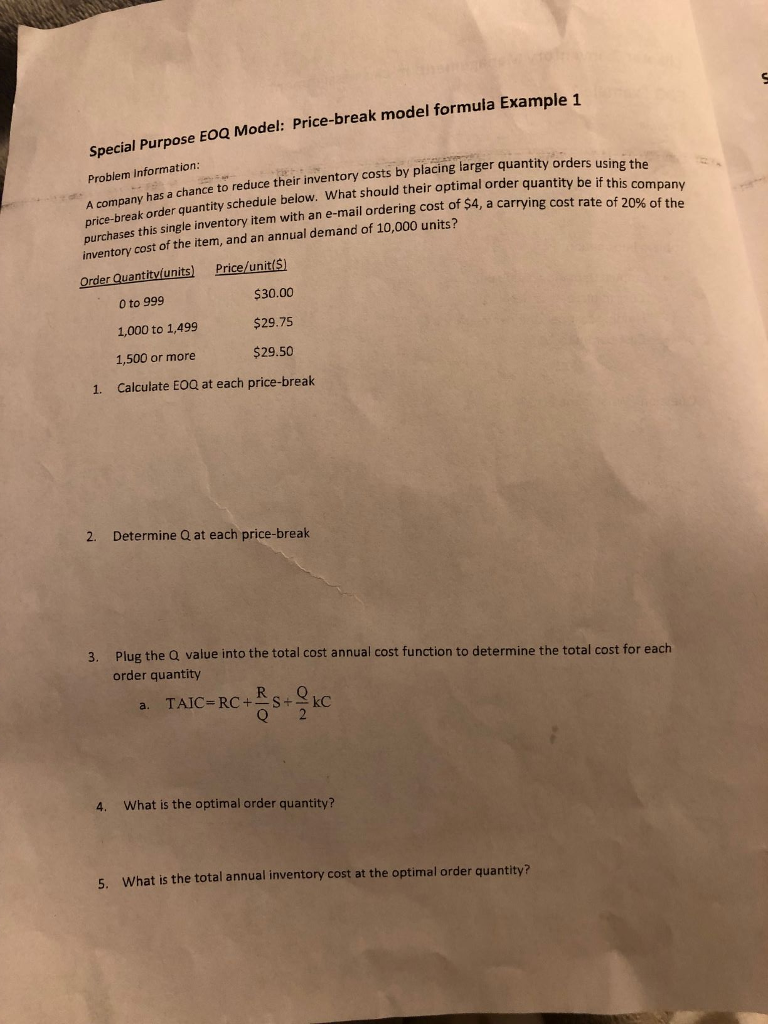 Solved ial Purpose EoQ Model: Price-break model formula | Chegg.com