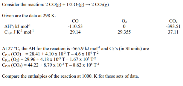 Solved Consider the reaction: 2 CO(g) + 1/2 O2(g) → 2 CO2(g) | Chegg.com