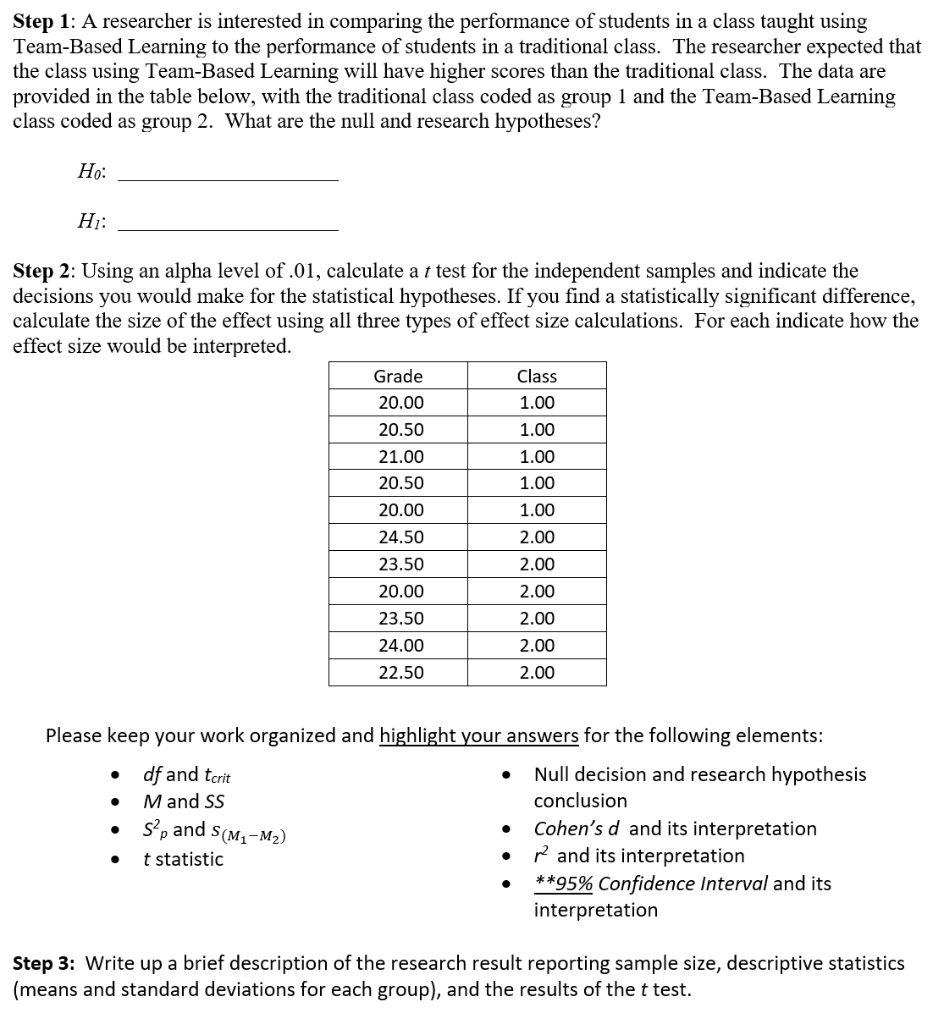 Solved Step 1: A researcher is interested in comparing the | Chegg.com