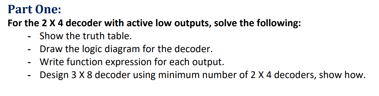 Solved Part One: For the 2×4 decoder with active low | Chegg.com