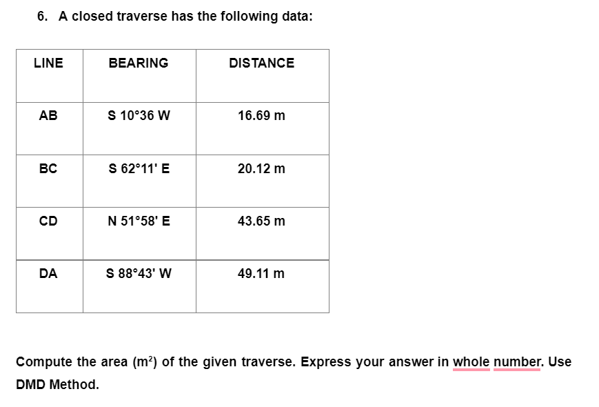 Solved 6. A closed traverse has the following data: LINE | Chegg.com