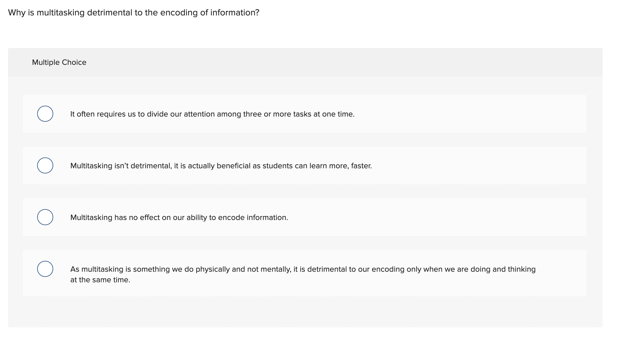 Solved Why is multitasking detrimental to the encoding of | Chegg.com