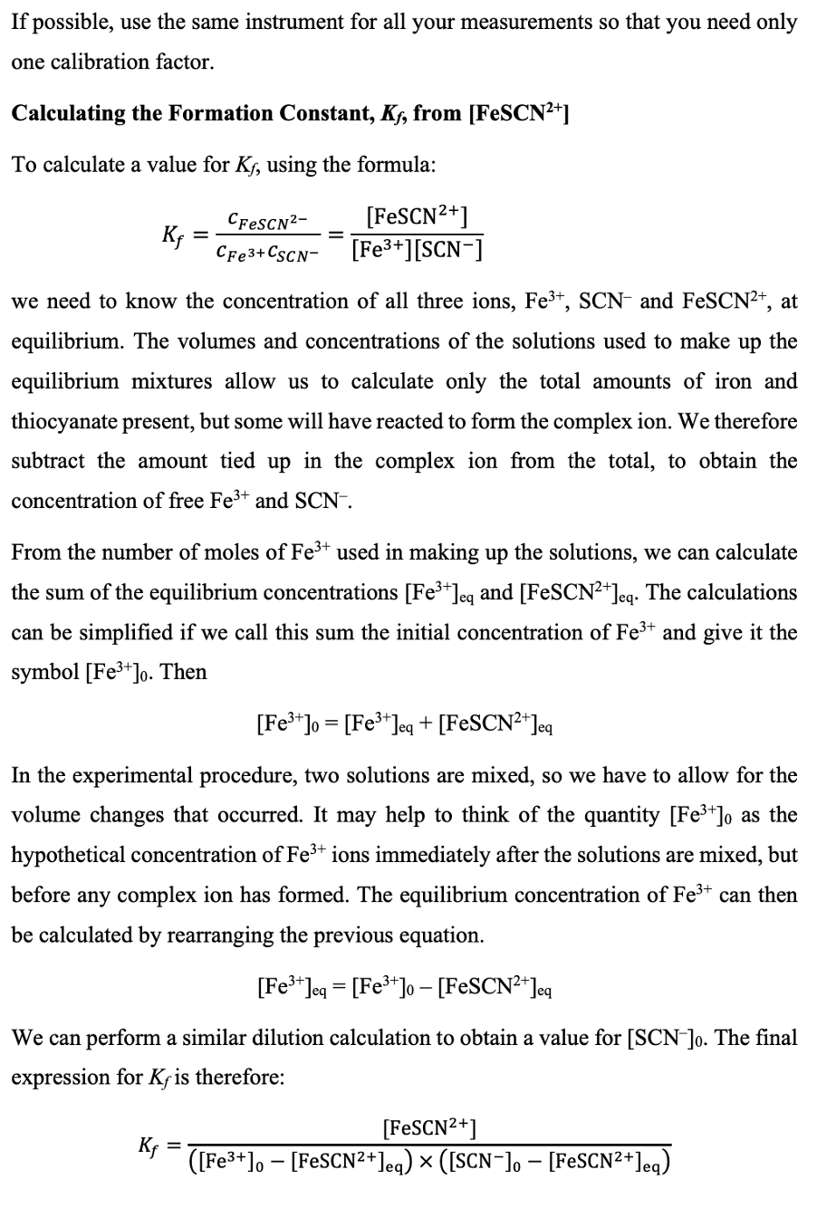 Solved Formation Constant of FeSCN2+ In this experiment you | Chegg.com
