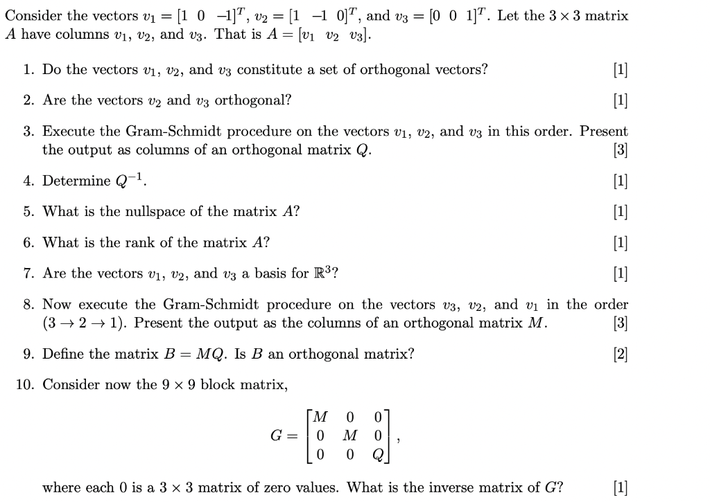 Solved Consider the vectors v1=[10−1]T,v2=[1−10]T, and | Chegg.com