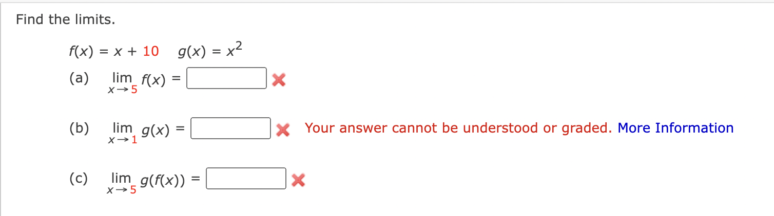 Solved Find the limits. f(x)=x+10g(x)=x2 (a) limx→5f(x)= (b) | Chegg.com