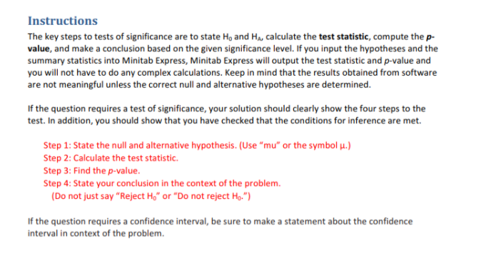 Solved Instructions The key steps to tests of significance | Chegg.com