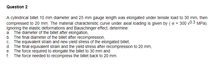 Solved A cylindrical billet 10 mm diameter and 25 mm gauge | Chegg.com