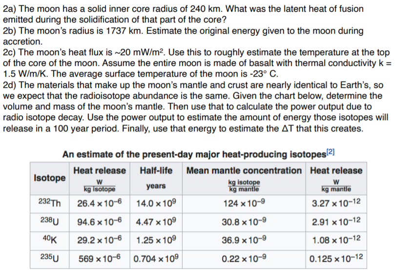 2a) The moon has a solid inner core radius of 240 km. | Chegg.com