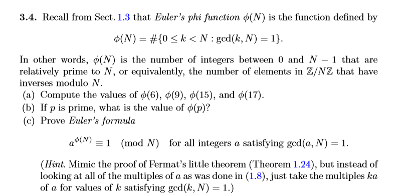 Solved 3.4. Recall from Sect. 1.3 that Euler's phi function | Chegg.com