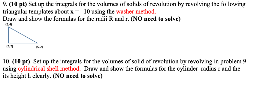 Solved 9. (10 pt) Set up the integrals for the volumes of | Chegg.com