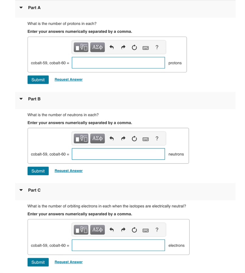 Solved Part AWhat is ﻿the number of ﻿protons in ﻿each?Enter | Chegg.com