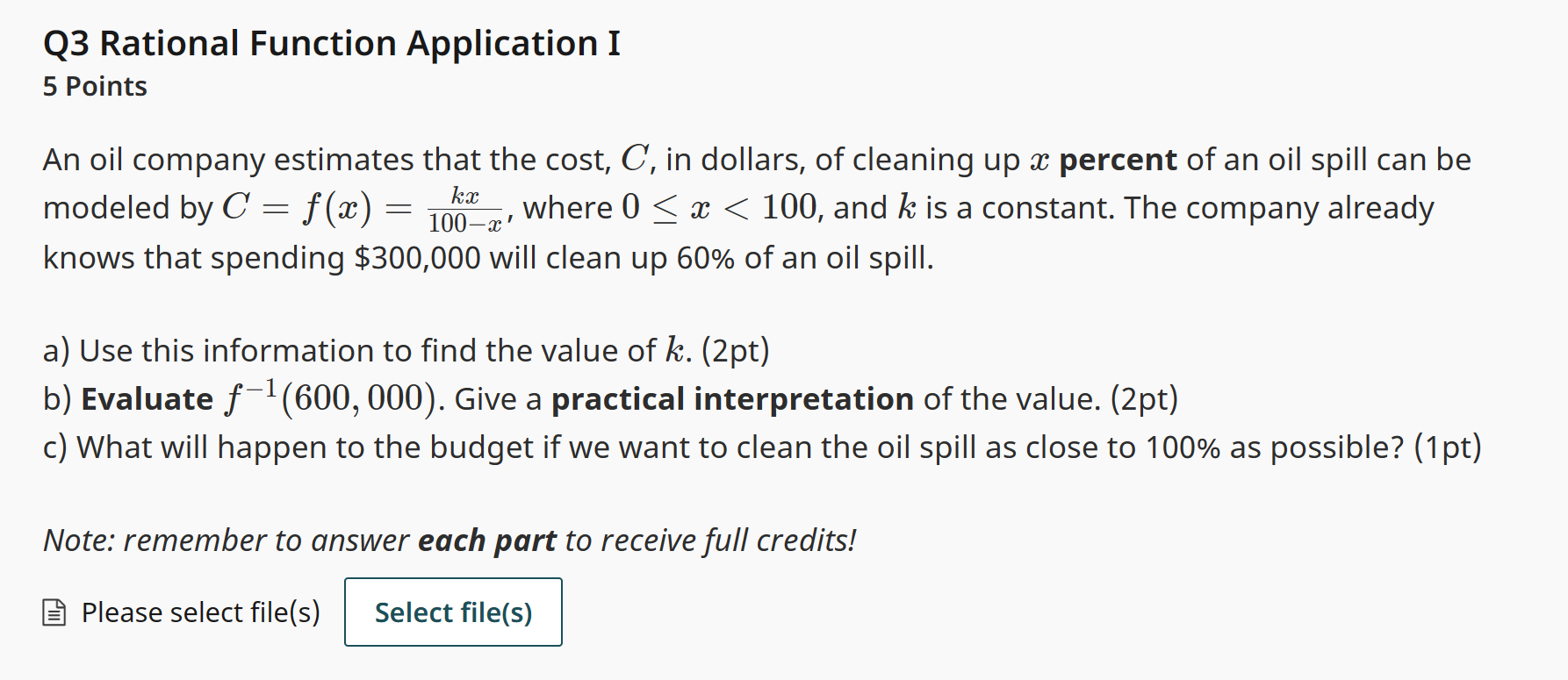 Solved Q3 Rational Function Application I 5 Points An oil | Chegg.com