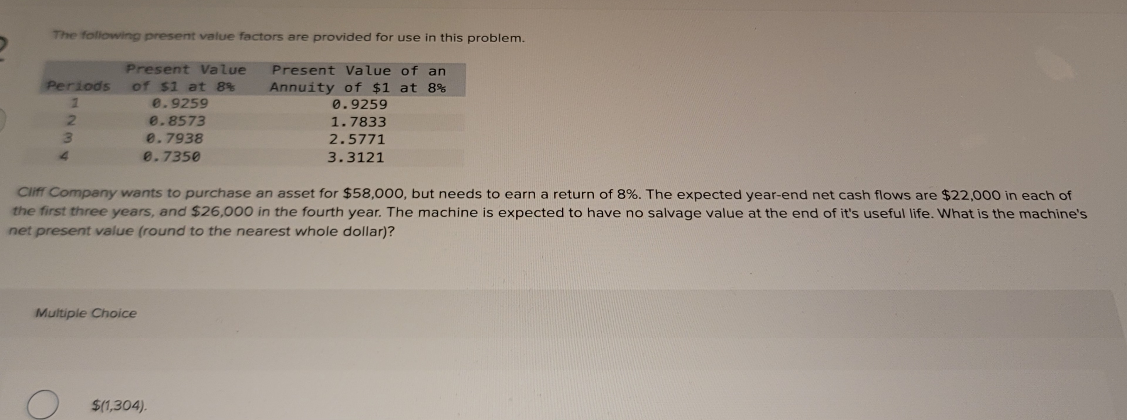 Solved The following present value factors are provided for | Chegg.com