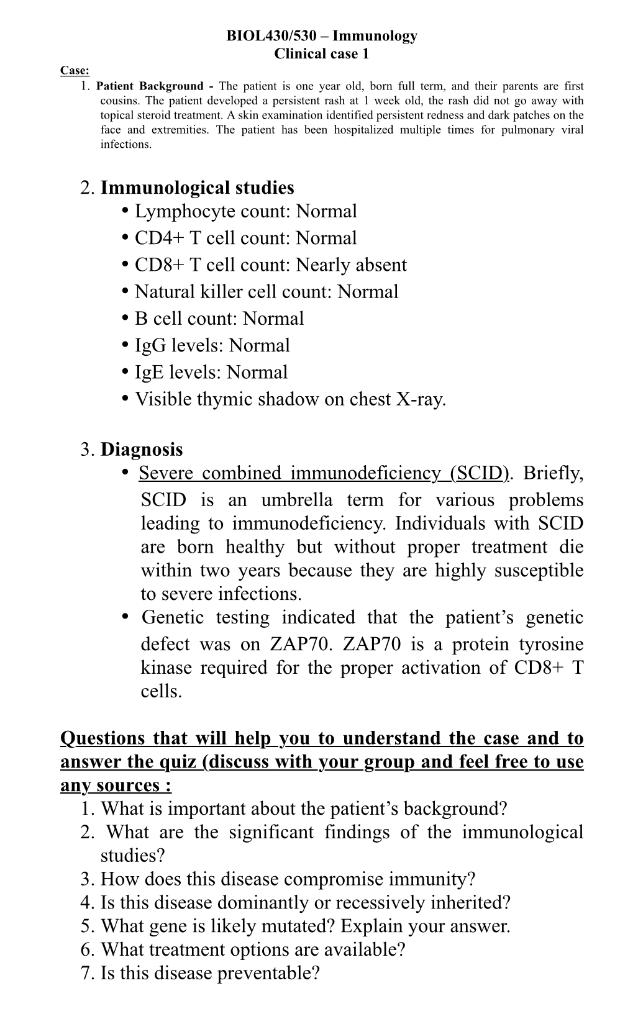 Solved BIOL430/530 - Immunology Clinical case 1 Case: 1. | Chegg.com
