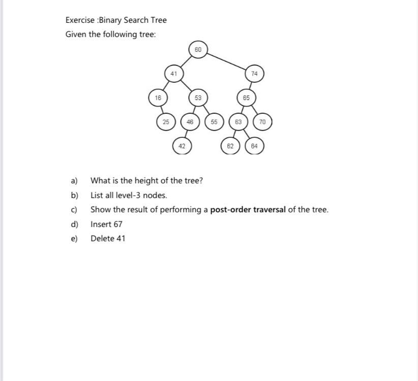 Solved Exercise :Binary Search Tree Given the following | Chegg.com