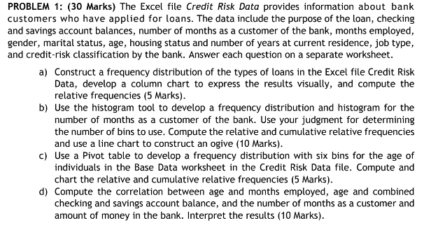 PROBLEM 1: (30 Marks) The Excel file Credit Risk Data | Chegg.com