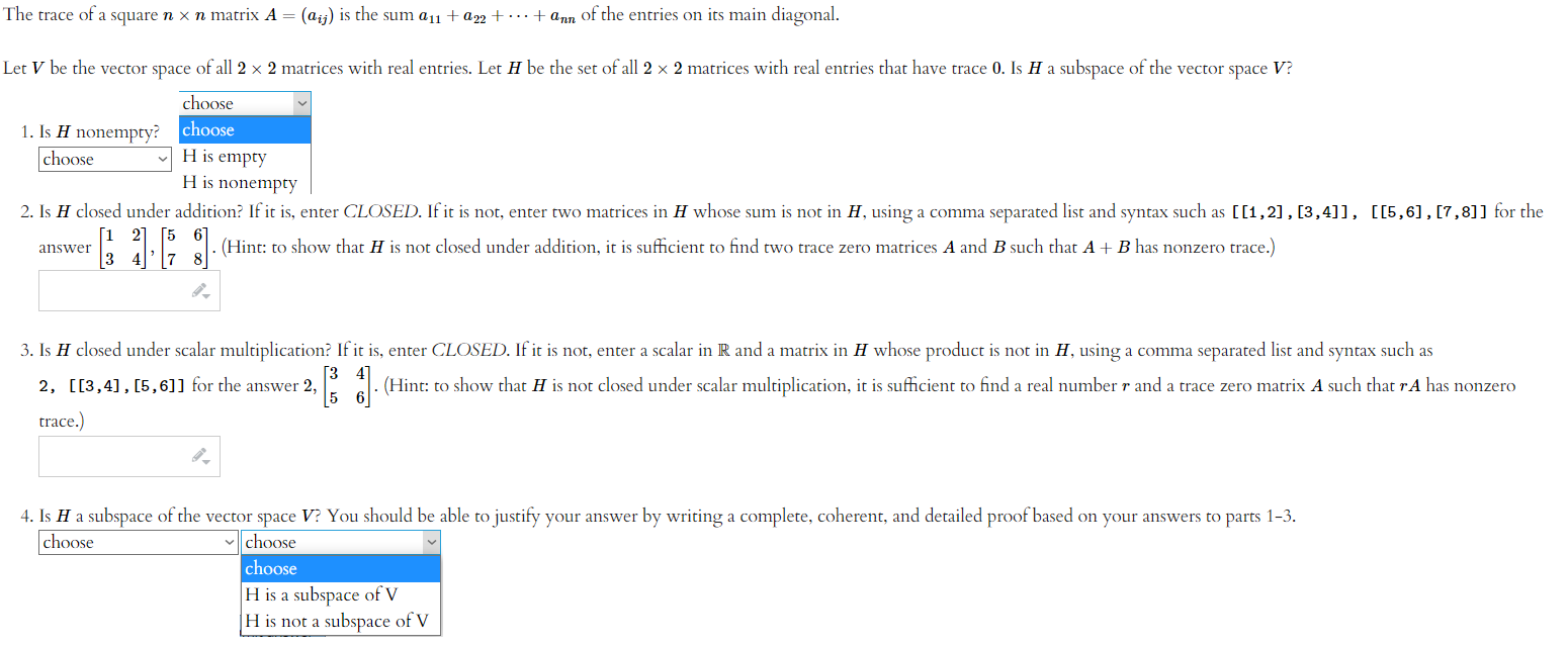 Solved The trace of a square n x n matrix A = (aij) is the | Chegg.com