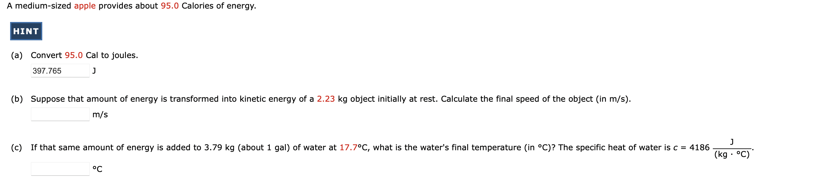 Solved A medium-sized apple provides about 95.0 Calories of | Chegg.com