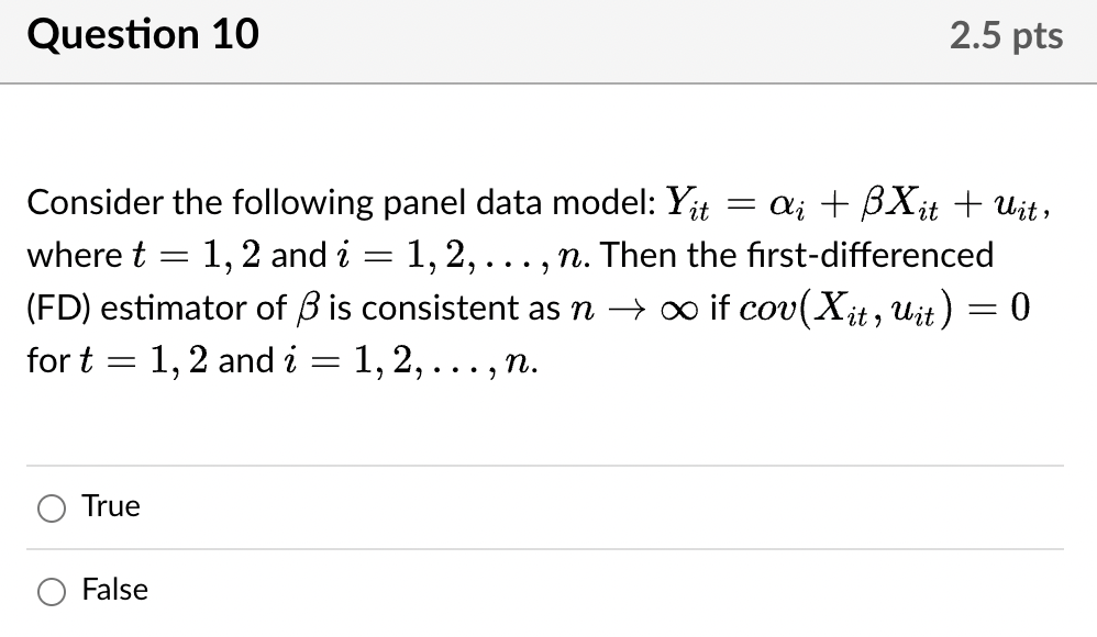 Solved Consider the following panel data model: | Chegg.com