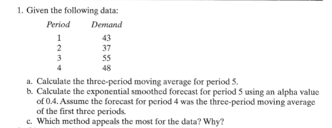 Solved 1. Given the following data: Period Demand 43 a. | Chegg.com
