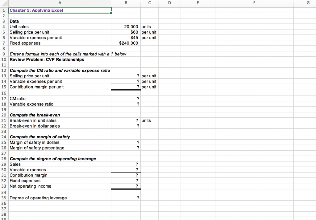 Solved C G A В E F 1 Chapter 5 Applying Excel 2 3 Data 4 | Chegg.com
