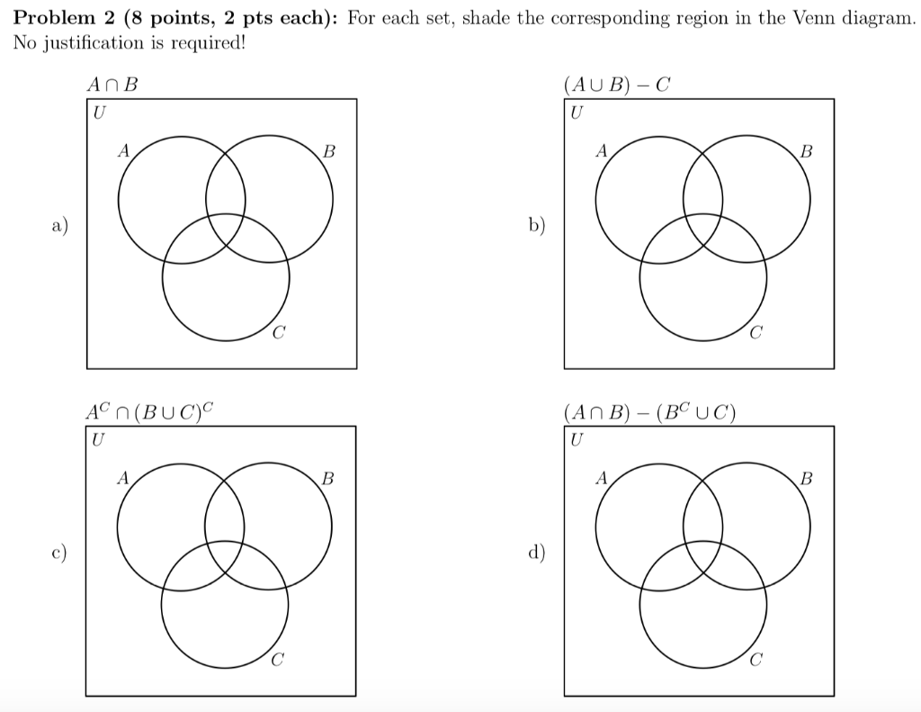 Solved Problem 2 (8 points, 2 pts each): For each set, shade | Chegg.com