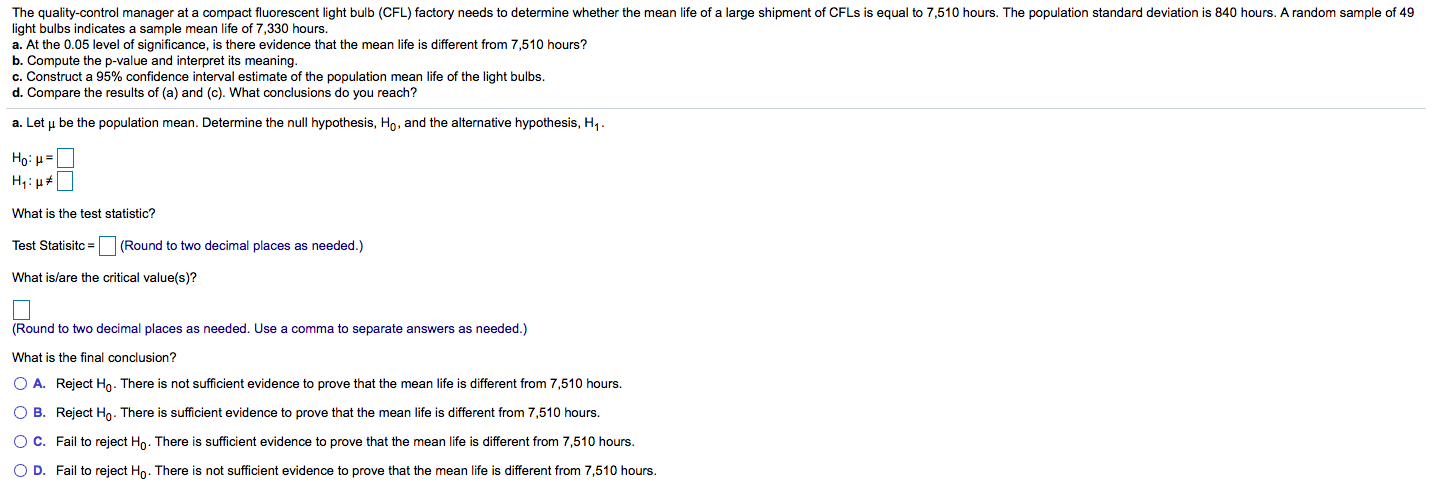 Solved The quality-control manager at a compact fluorescent | Chegg.com