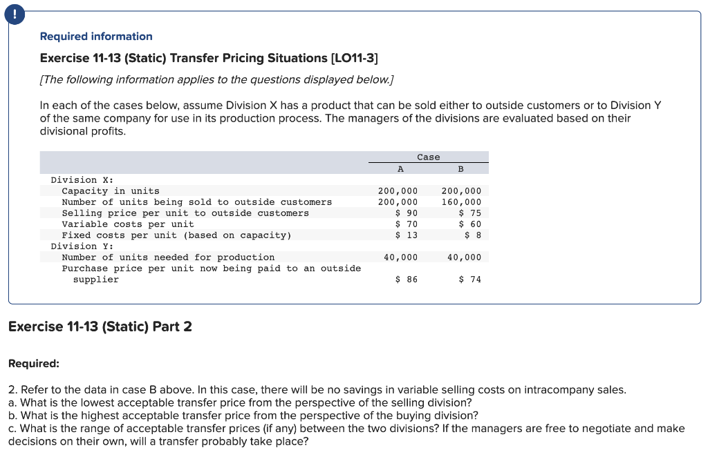 Solved Required information Exercise 11-13 (Static) Transfer | Chegg.com