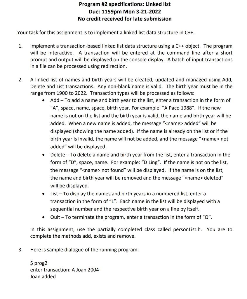 Solved Program #2 specifications: Linked list Due: 1159pm | Chegg.com