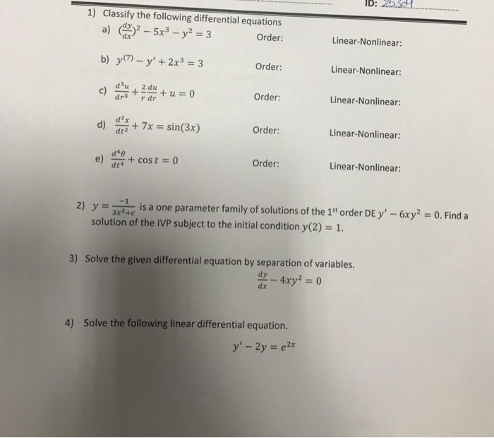 Solved 1) Classify the following differential equations | Chegg.com