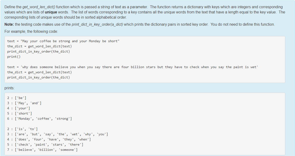 Solved Define the get word len dict() function which is | Chegg.com Solved Define the get word len dict() function which is | Chegg.com