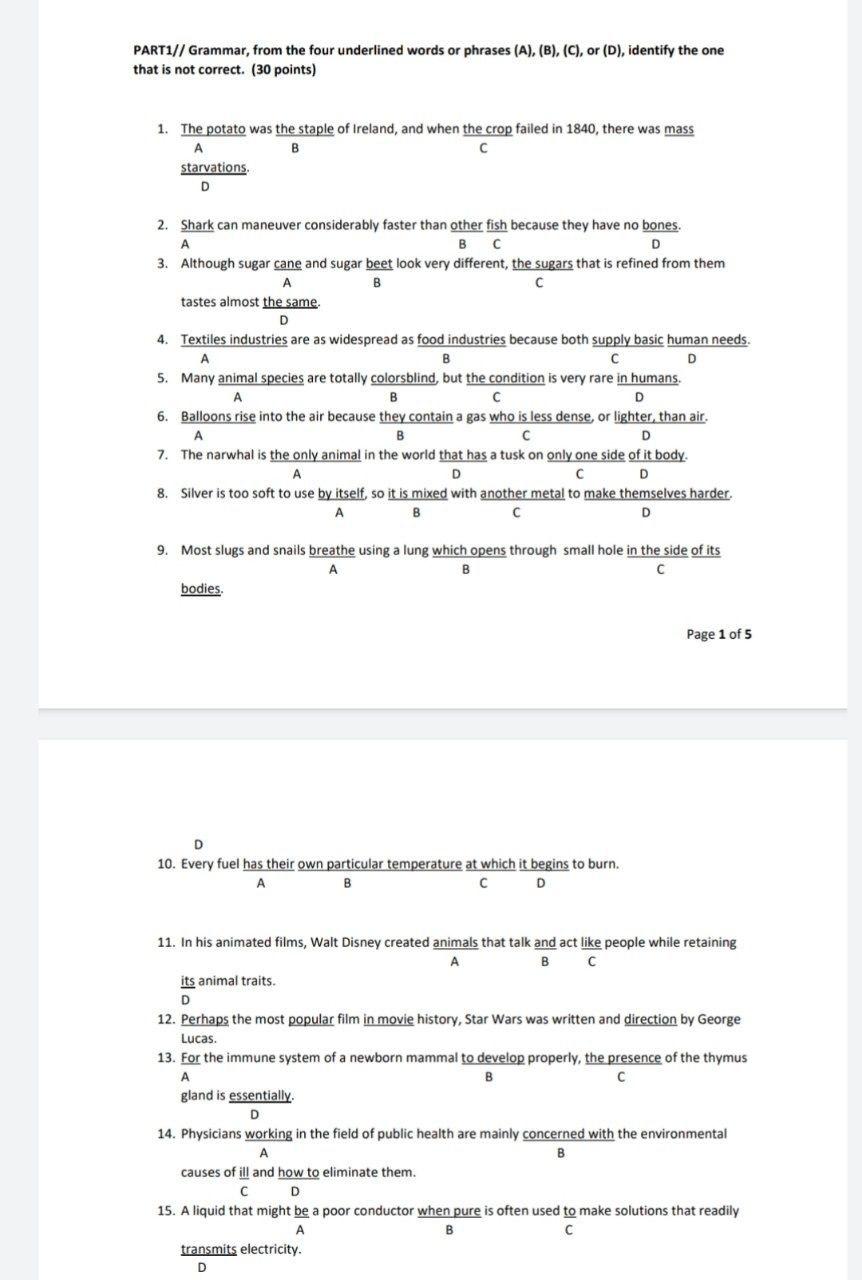 Solved PART1// Grammar, from the four underlined words or | Chegg.com