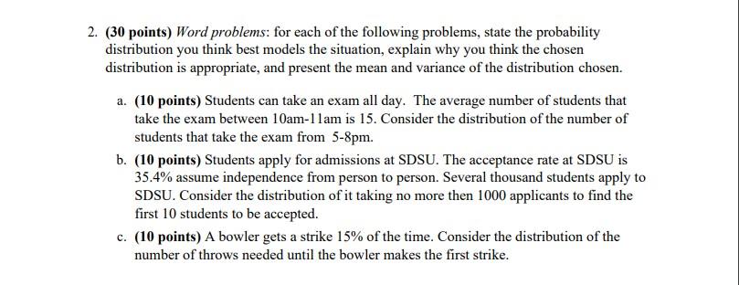 Solved 2. (30 points) Word problems: for each of the | Chegg.com