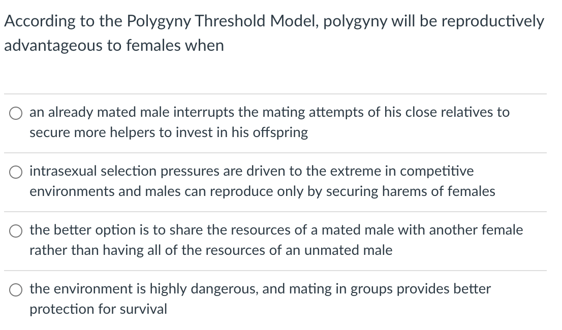 Solved According to the Polygyny Threshold Model, polygyny | Chegg.com
