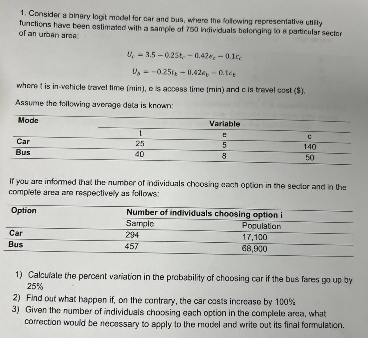 1 Consider A Binary Logit Model For Car And Bus 