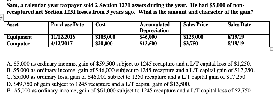 Solved Sam, a calendar year taxpayer sold 2 Section 1231 | Chegg.com