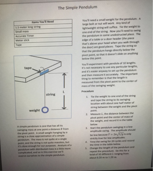 The Simple Pendulum You'll need a small weight for | Chegg.com