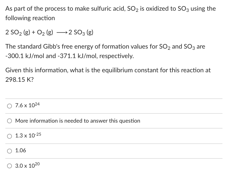 Solved As part of the process to make sulfuric acid, SO2 is | Chegg.com