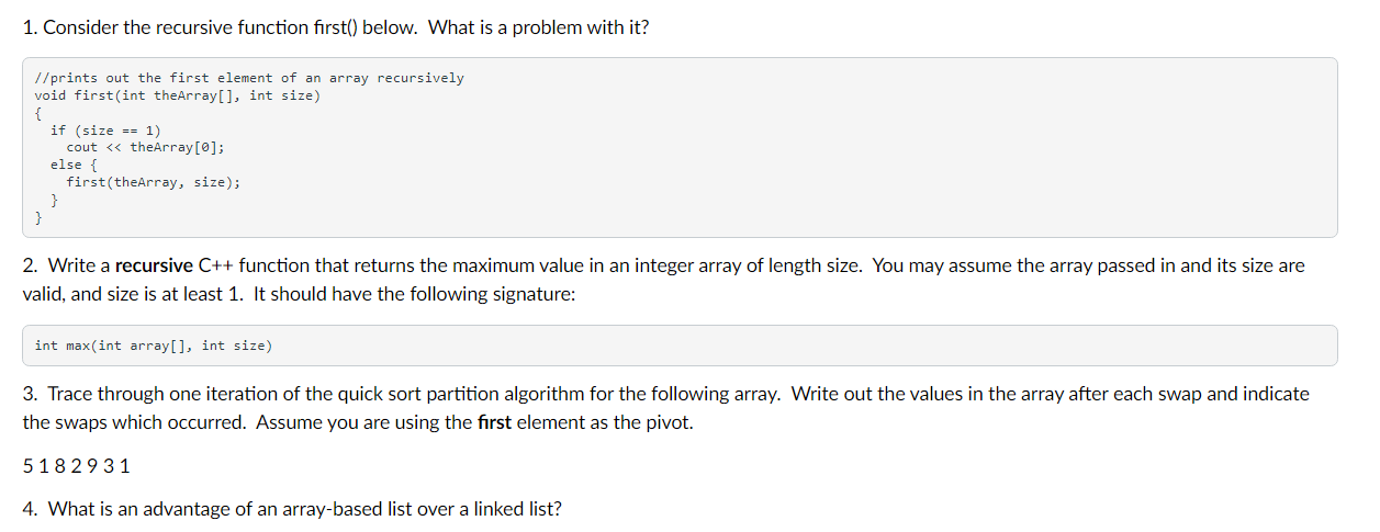 Solved 1. Consider the recursive function first() below. | Chegg.com