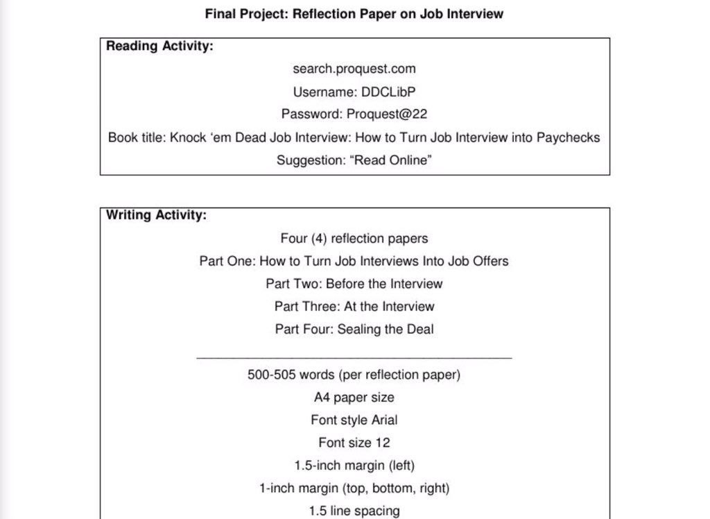 Final Project: Reflection Paper on Job Interview | Chegg.com