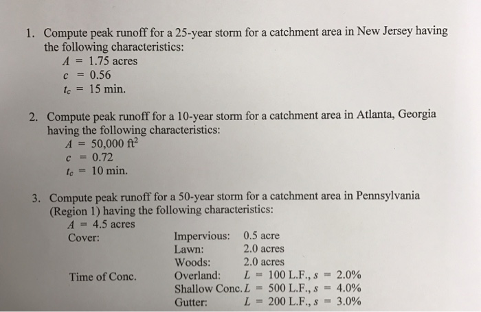 Solved Compute peak runoff for a 25-year storm for a | Chegg.com