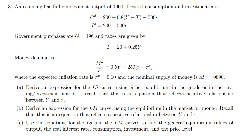 Solved An economy has full-employment output of 1000 . | Chegg.com