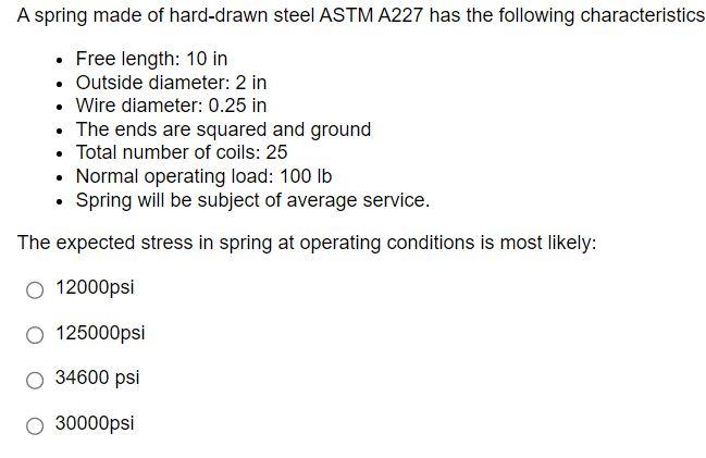 Solved A spring made of hard-drawn steel ASTM A227 has the | Chegg.com