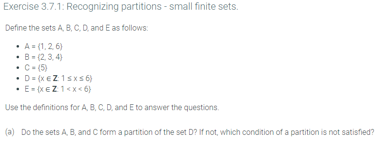 Solved Exercise 3.7.1: Recognizing partitions-small finite | Chegg.com