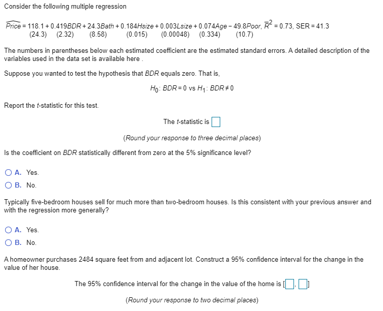 Consider the following multiple regression Price = | Chegg.com