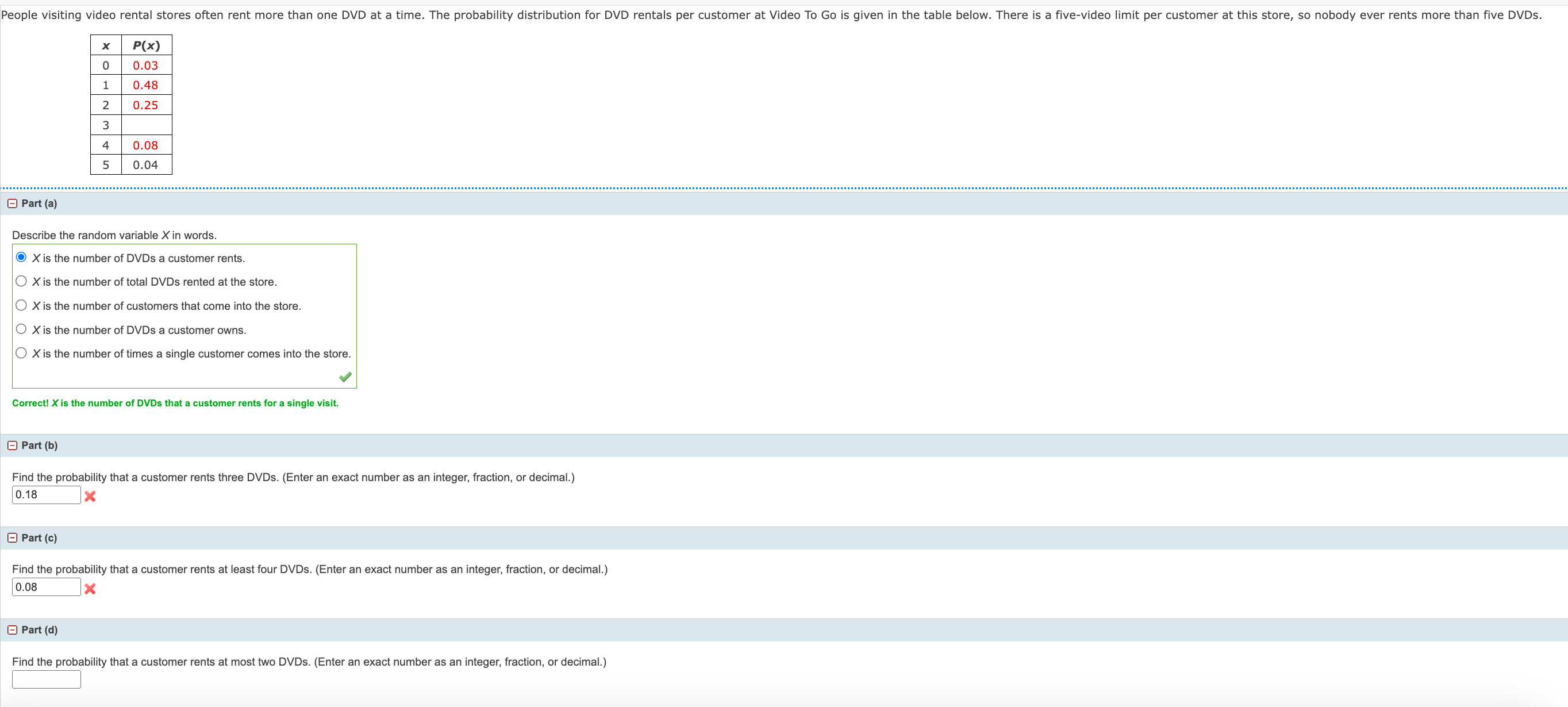 Solved ⊟ Part (a) Describe the random variable X in words. X | Chegg.com