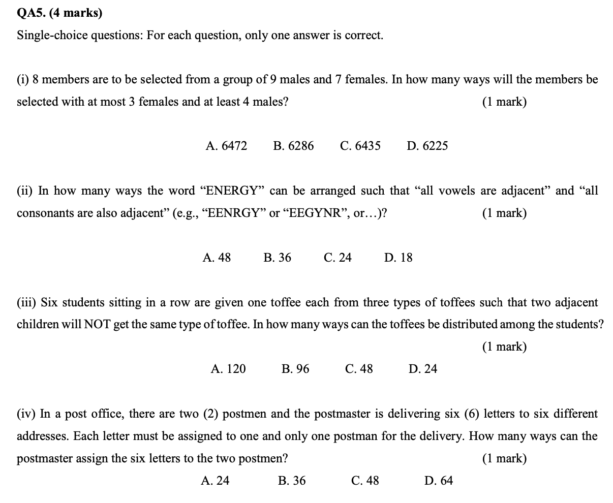Solved QA5. (4 marks) Single-choice questions: For each | Chegg.com