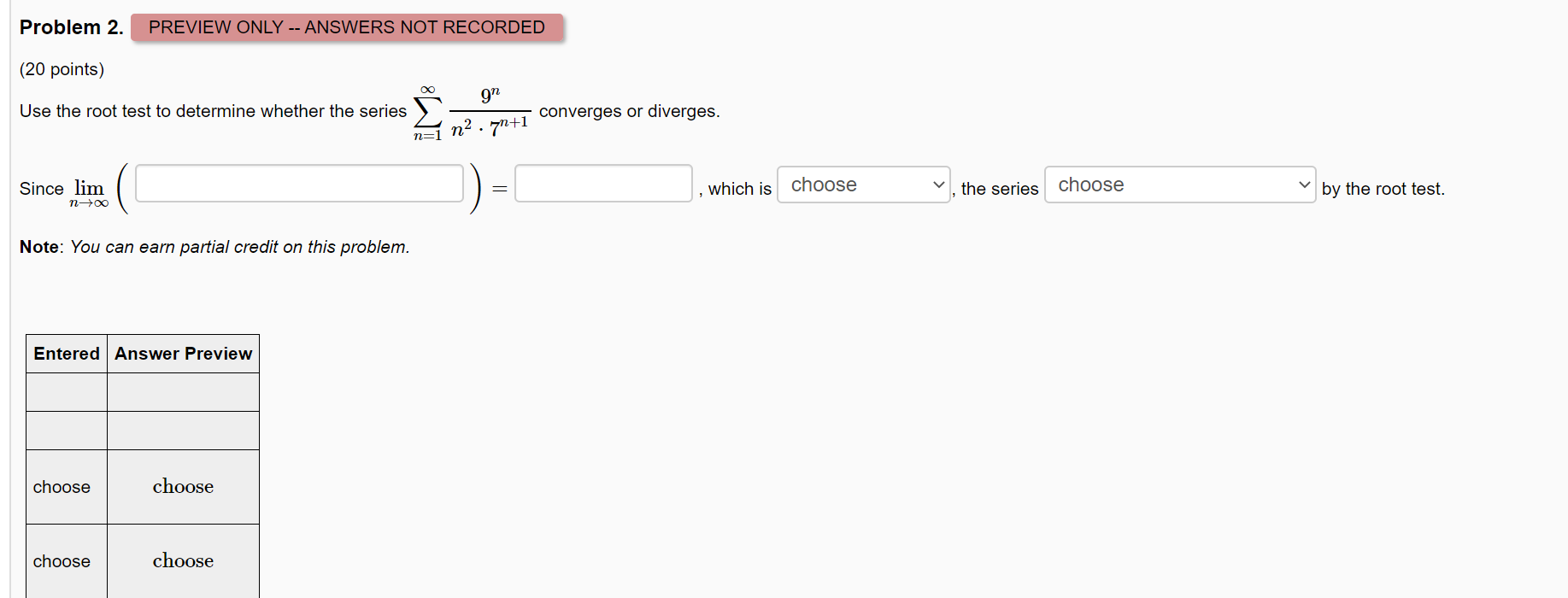 Solved Problem 2. PREVIEW ONLY -- ANSWERS NOT RECORDED (20 | Chegg.com