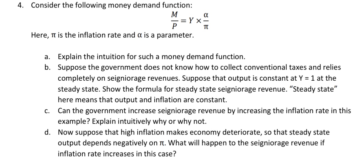 Solved 4. Consider the following money demand function: | Chegg.com