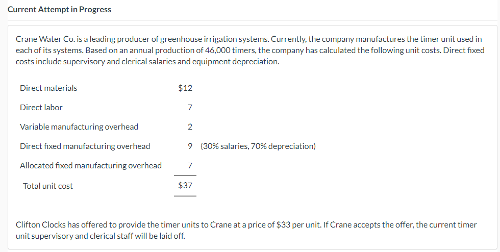 Solved Current Attempt in Progress Crane Water Co. is a | Chegg.com